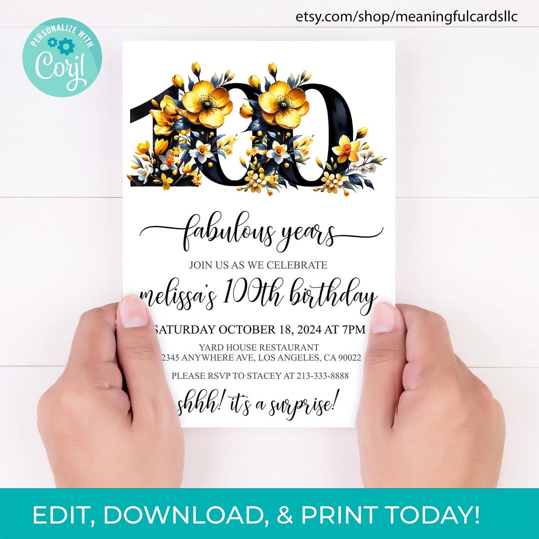 Floral 100th Birthday Invitation Template (digital Download) - Etsy