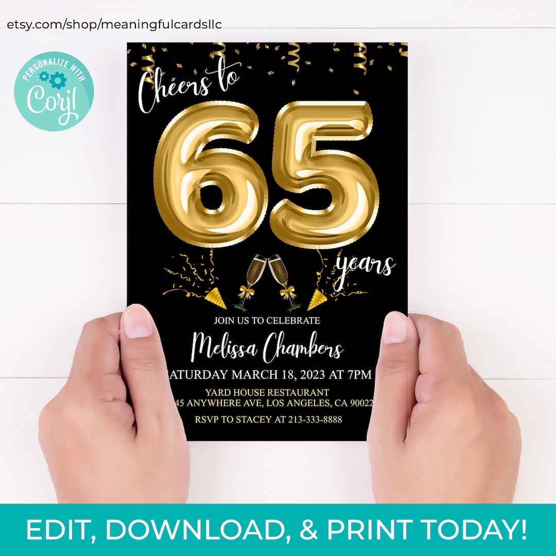 65th Birthday Invitation, Gold Balloons, Editable Template (digital ...