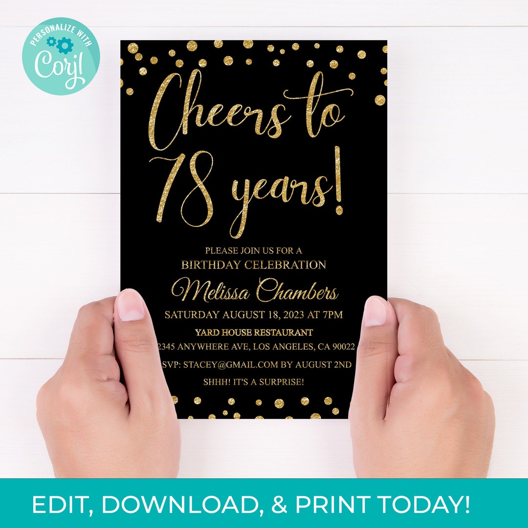 78th Birthday Invitation 78th Invite Black Gold Glitter Invitation ...