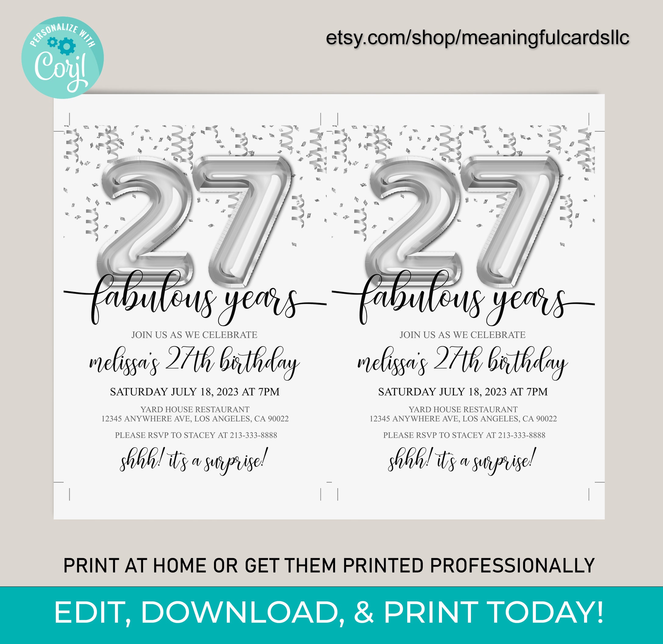 27th Birthday Invitation, Silver Balloons, Editable Template (digital ...