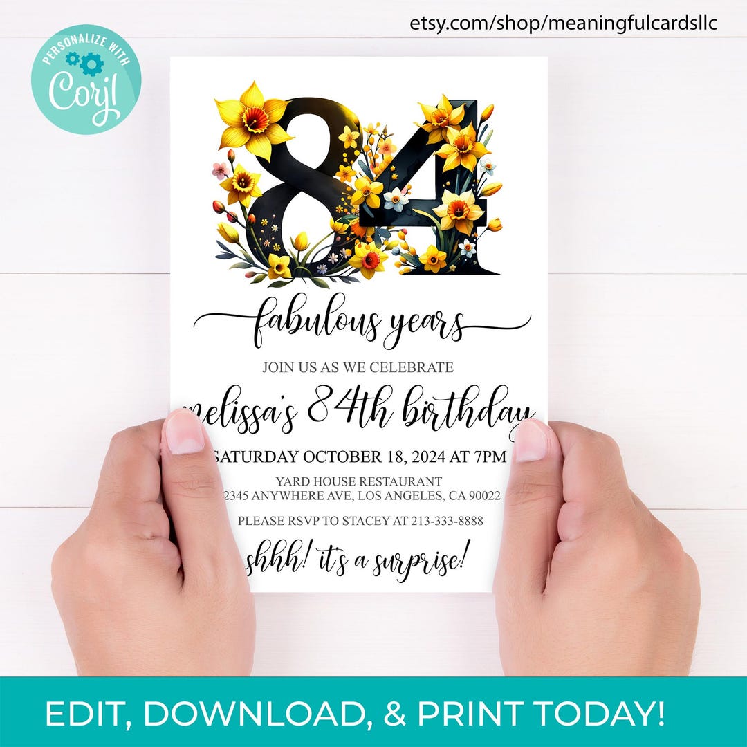 Editable Eighty Fourth Birthday Invitation Template Print at Home ...