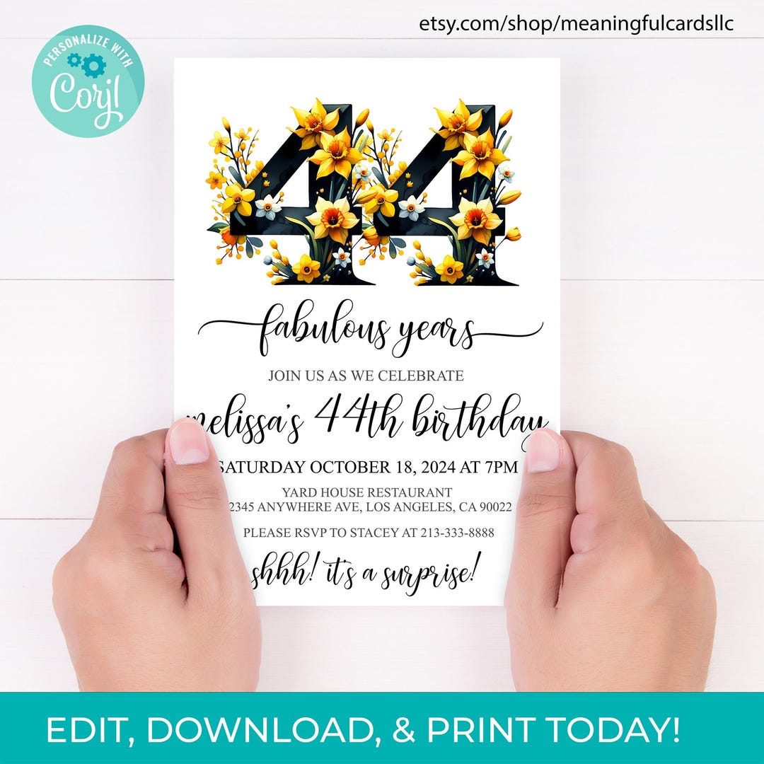 Editable Forty Fourth Birthday Invitation Template Print at Home ...
