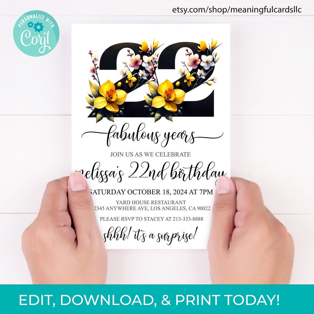 Floral 22nd Birthday Invitation Template: Elegant Printable (digital ...