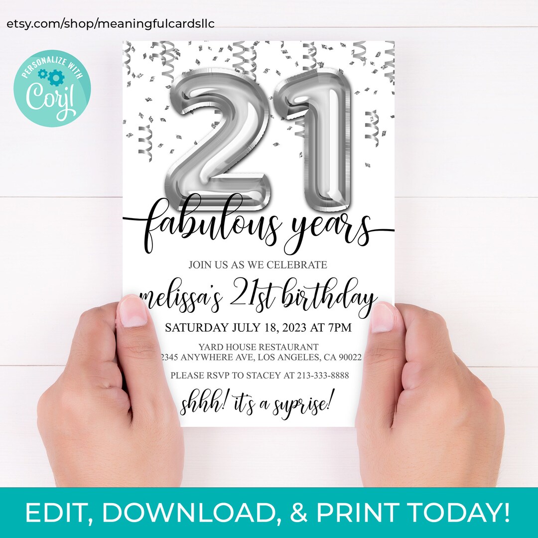 21st Birthday Editable Invitation 21st Invite Silver Balloons Party ...