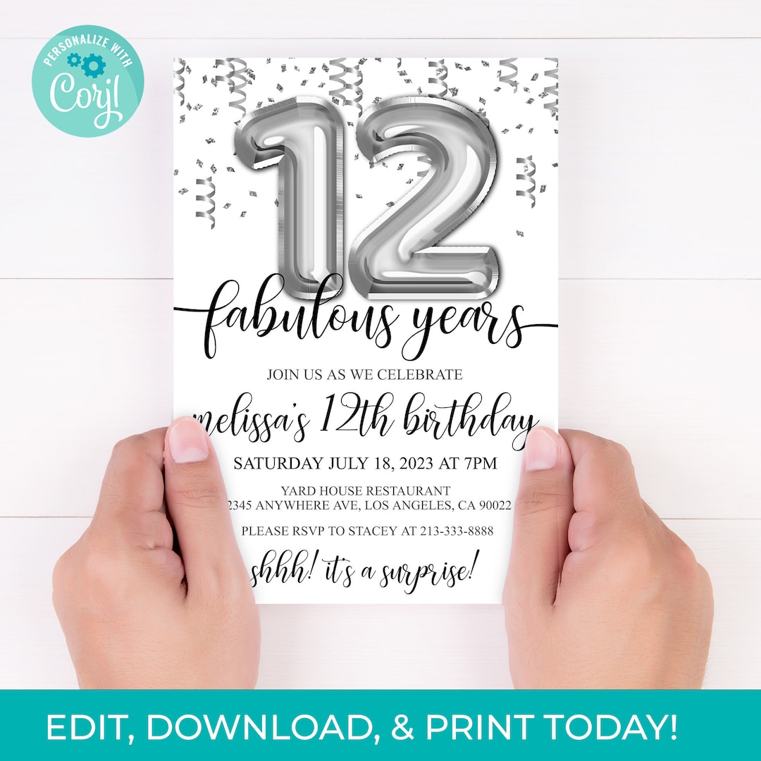 12th Birthday Invitation, Silver Balloons, Editable Template (digital ...