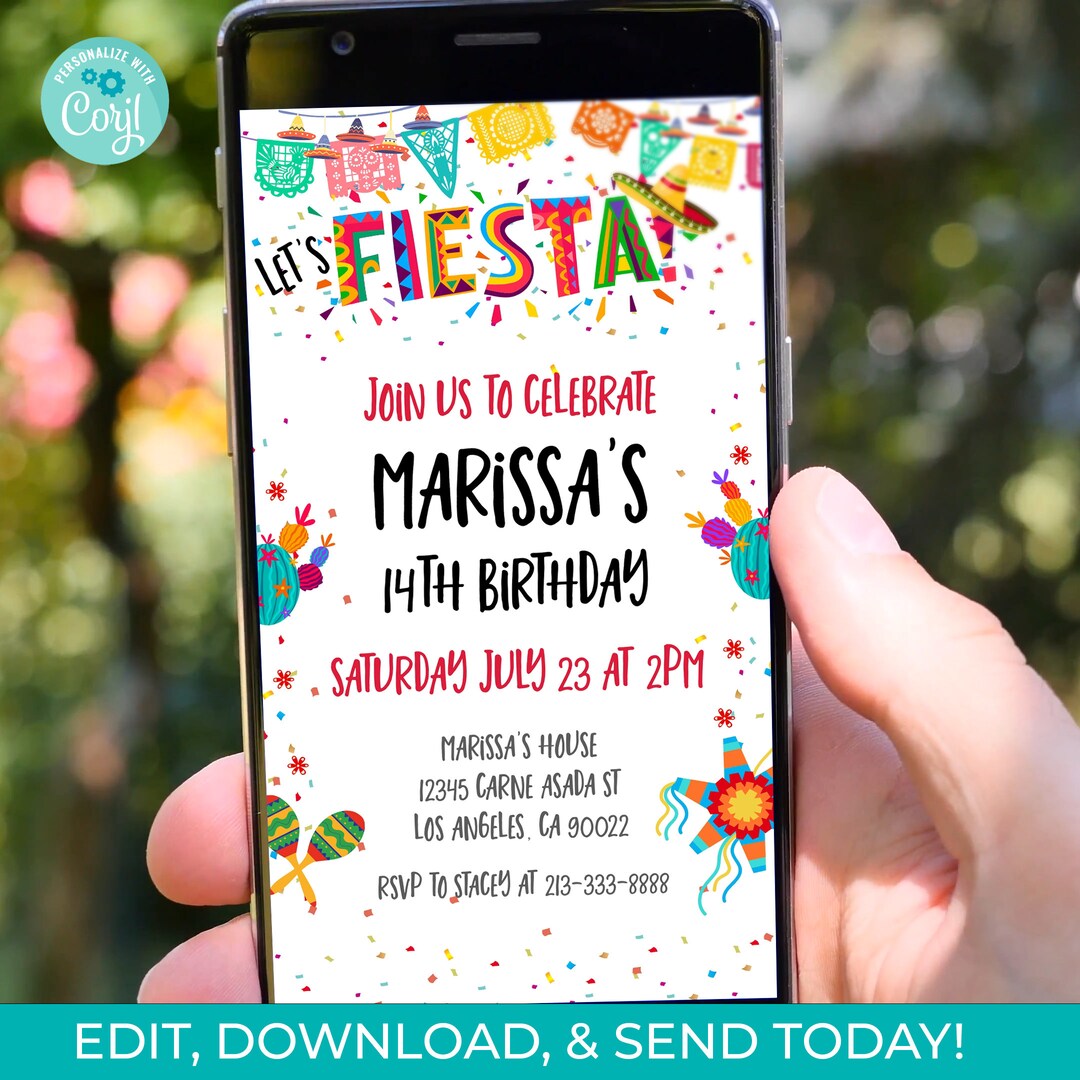 Editable Fiesta Birthday Digital Invitation Template, Electronic Invite ...