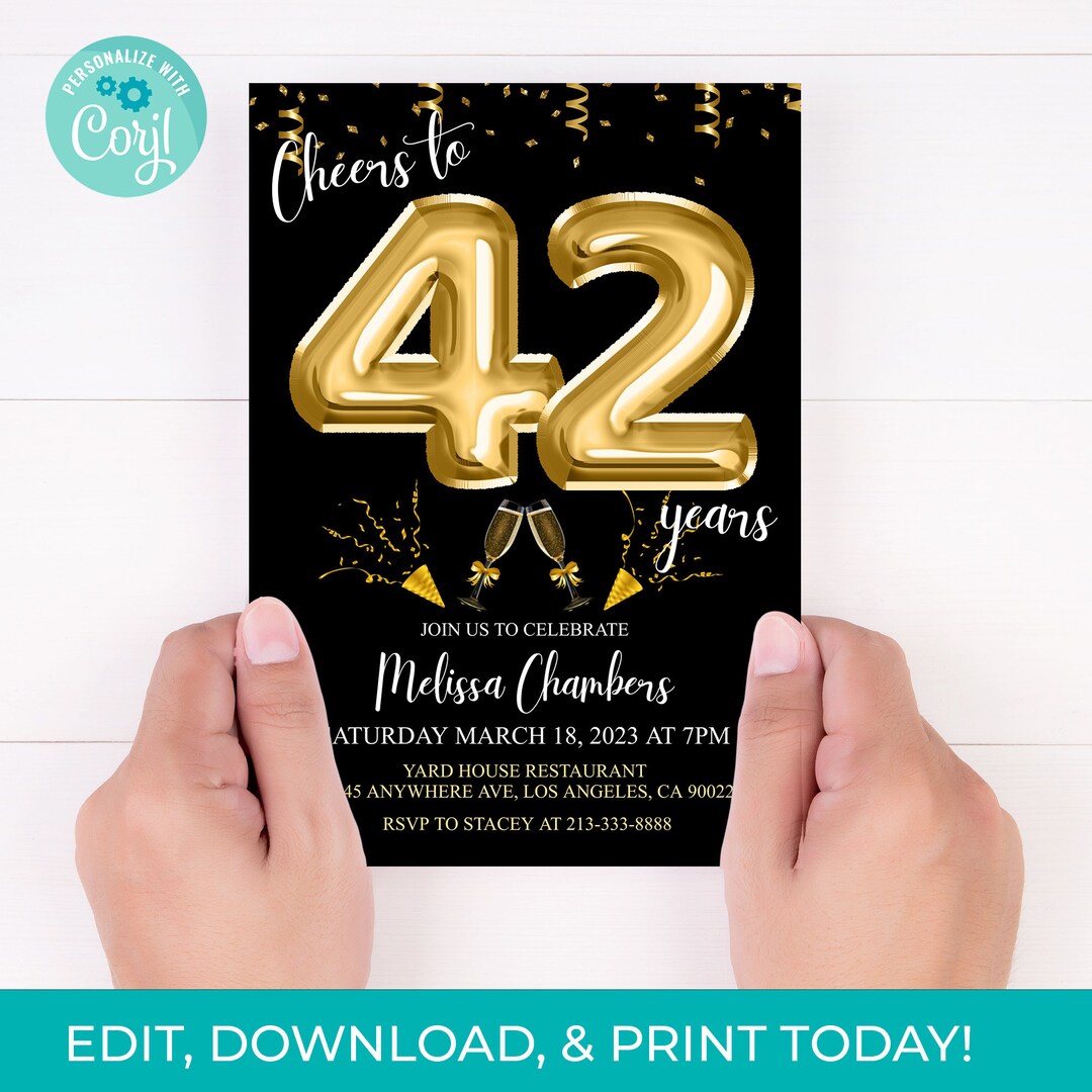 42nd Birthday Invitation 42nd Invite Black Gold Balloons Invitation ...