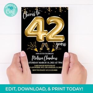 42nd Birthday Invitation 42nd Invite Black Gold Balloons Invitation ...