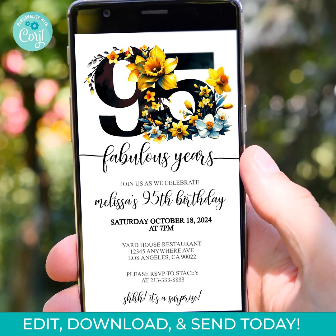 Editable 95th Birthday Invitation Template, DIY 95th Birthday Party ...