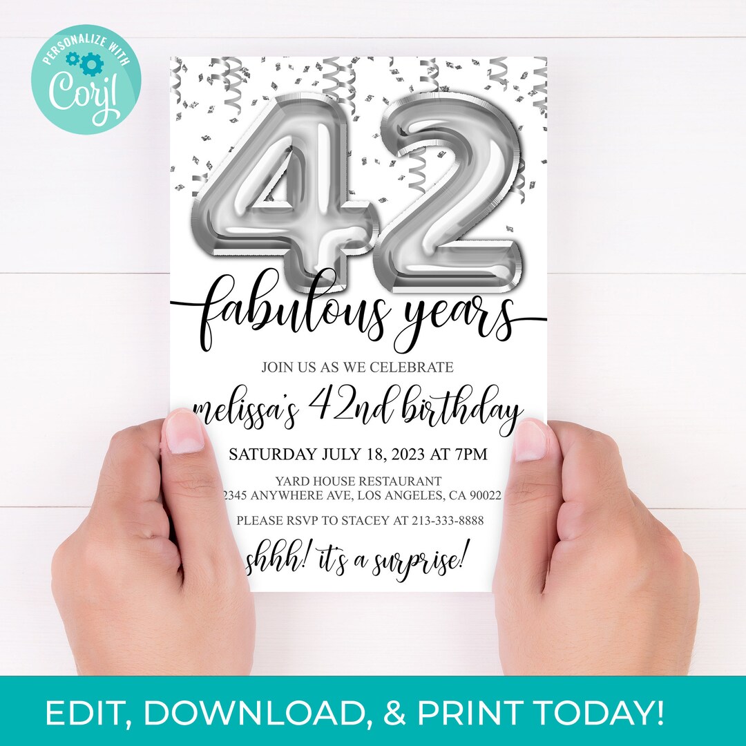 42nd Birthday Editable Invitation 42nd Invite Silver Balloons Party ...