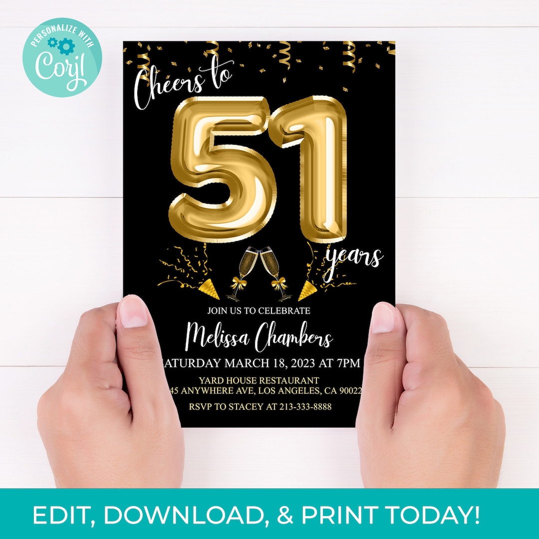 51st Birthday Invitation 51st Invite Black Gold Balloons Invitation ...