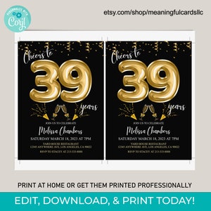 39th Birthday Invitation 39th Invite Black Gold Balloons Invitation ...