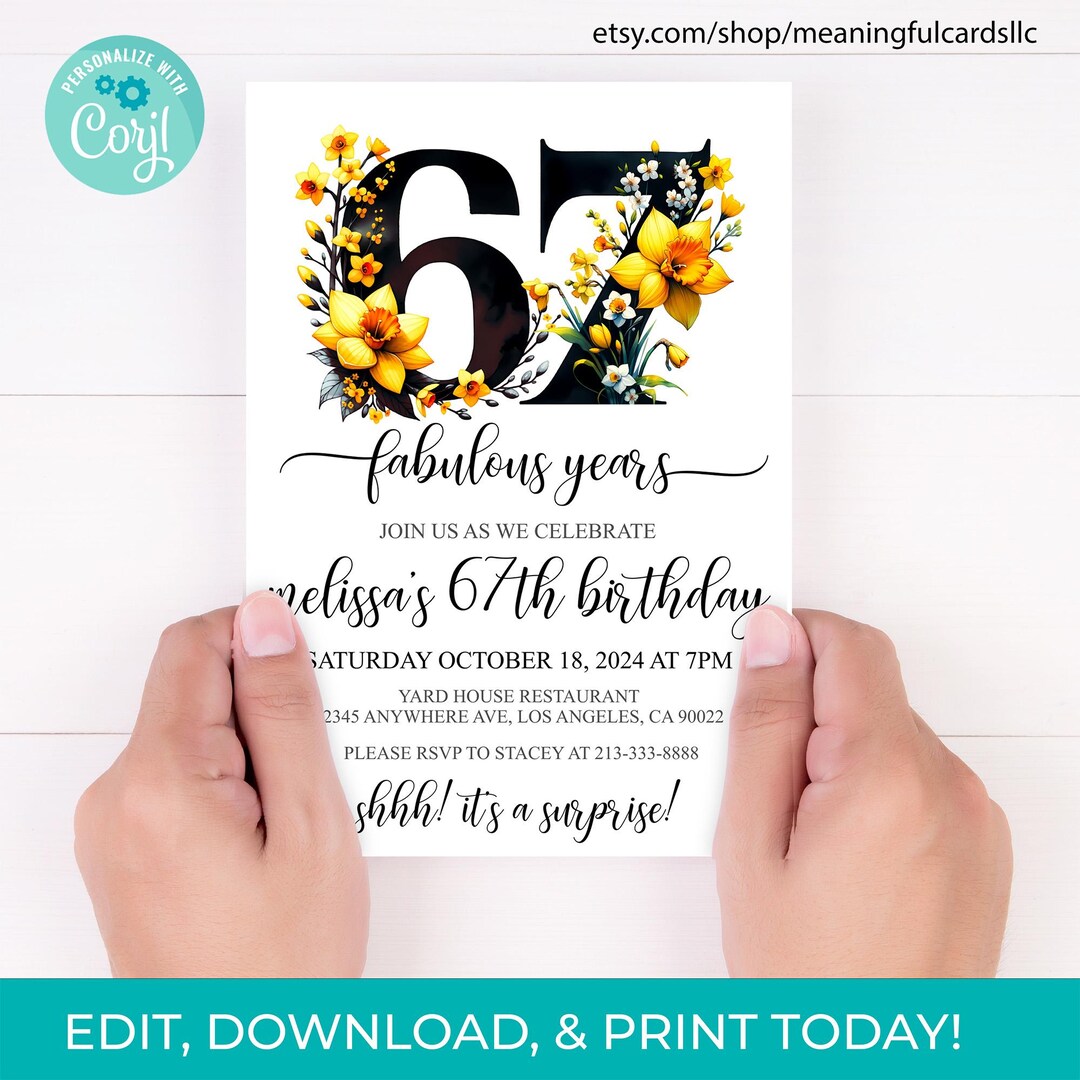 Editable Sixty Seventh Birthday Invitation Template Print at Home ...