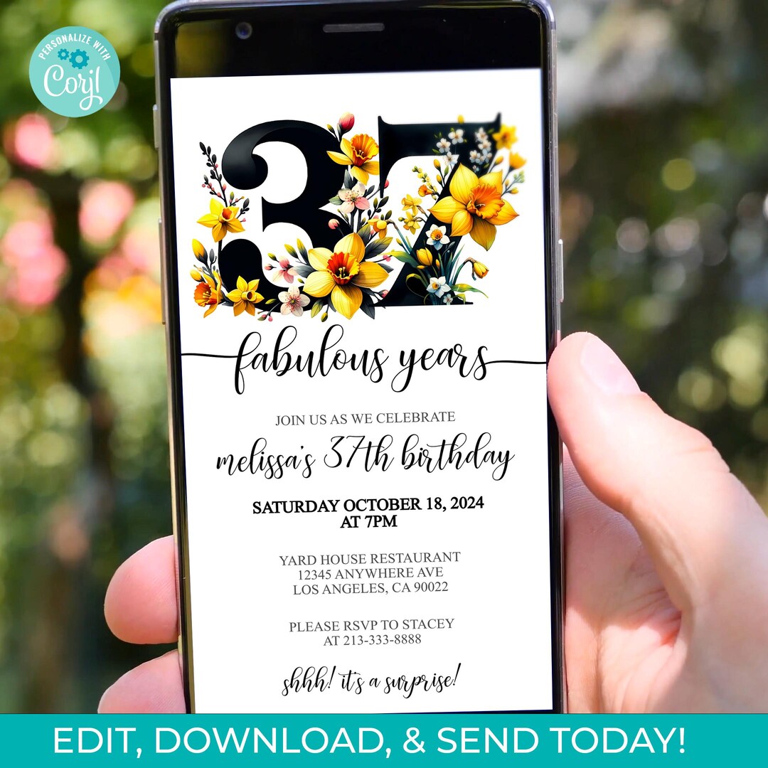 Editable Floral 37th Birthday Invitation: Digital Party Invite (instant ...