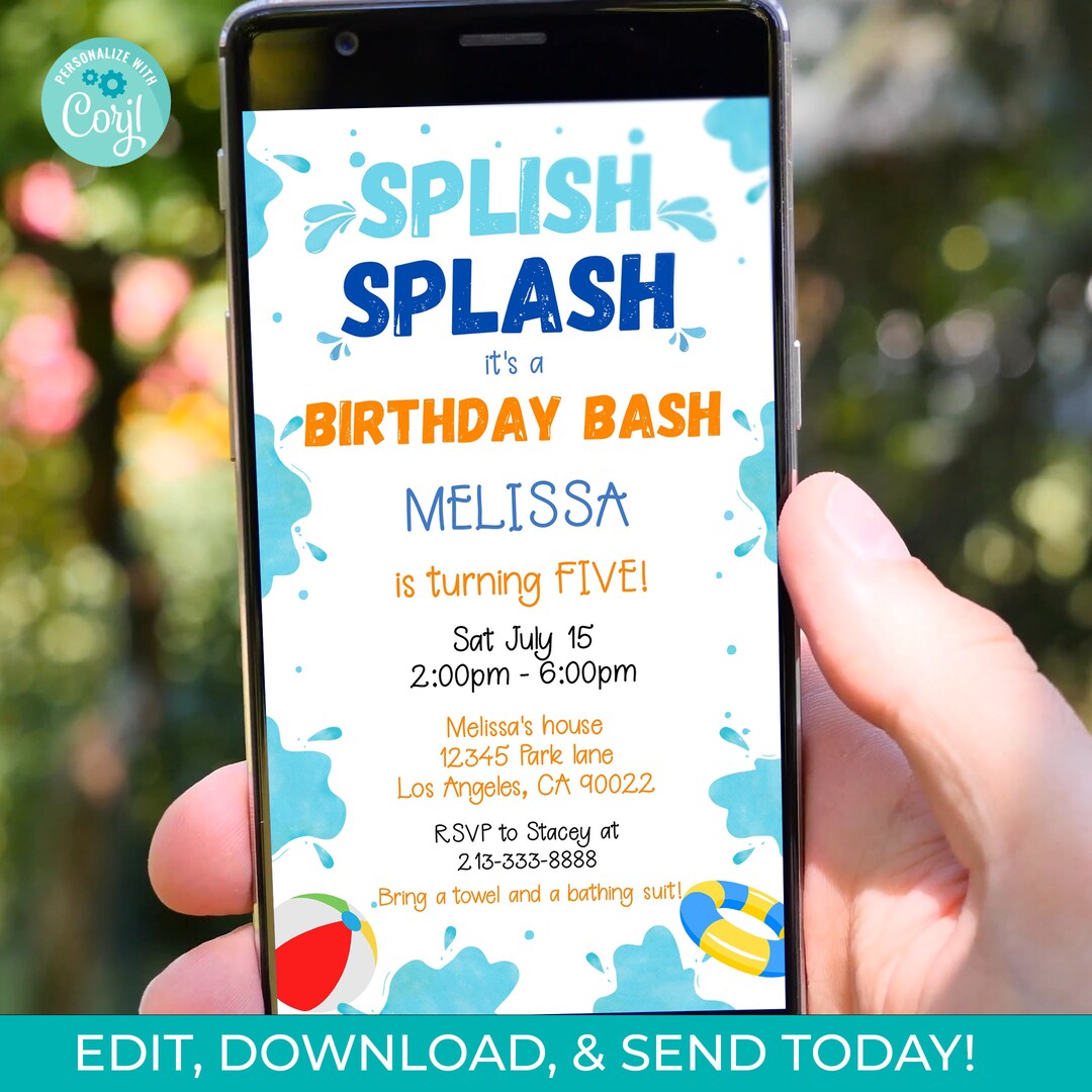 Editable Splish Splash Pool Party Birthday Digital Invitation Template, Electronic Invite Pool ...