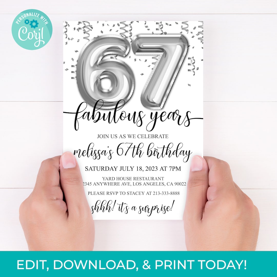 67th Birthday Invitation, Silver Balloons, Editable Template (digital ...