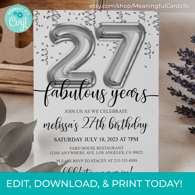 27th Birthday Invitation, Silver Balloons, Editable Template (digital ...