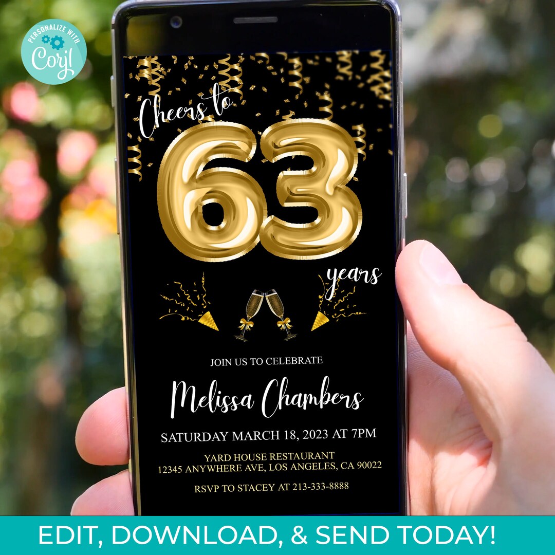 63rd Birthday Invitation, Black and Gold Balloons (digital Download) - Etsy