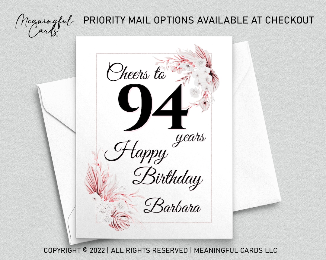 94th Birthday Card Personalized Birthday Card, Cheers to 94 Years ...