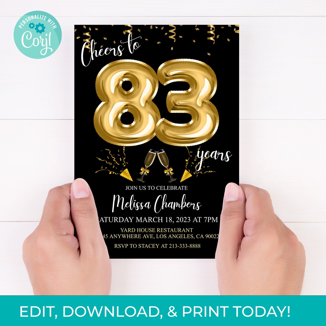 83rd Birthday Invitation 83rd Invite Black Gold Balloons Invitation ...