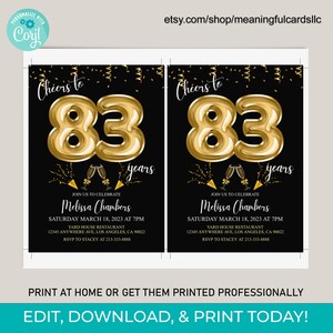 83rd Birthday Invitation 83rd Invite Black Gold Balloons Invitation ...