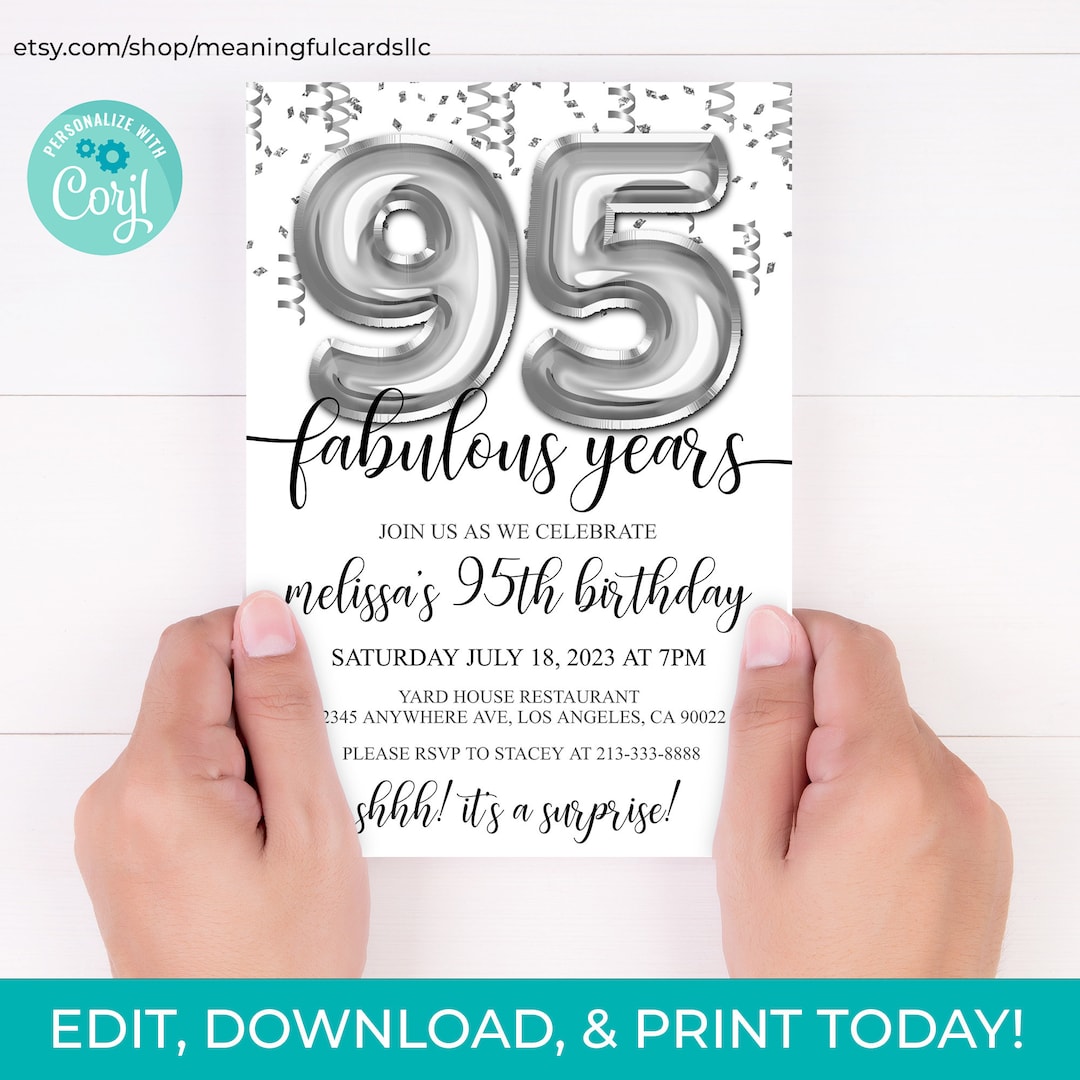 95th Birthday Editable Invitation 95th Invite Silver Balloons Party ...