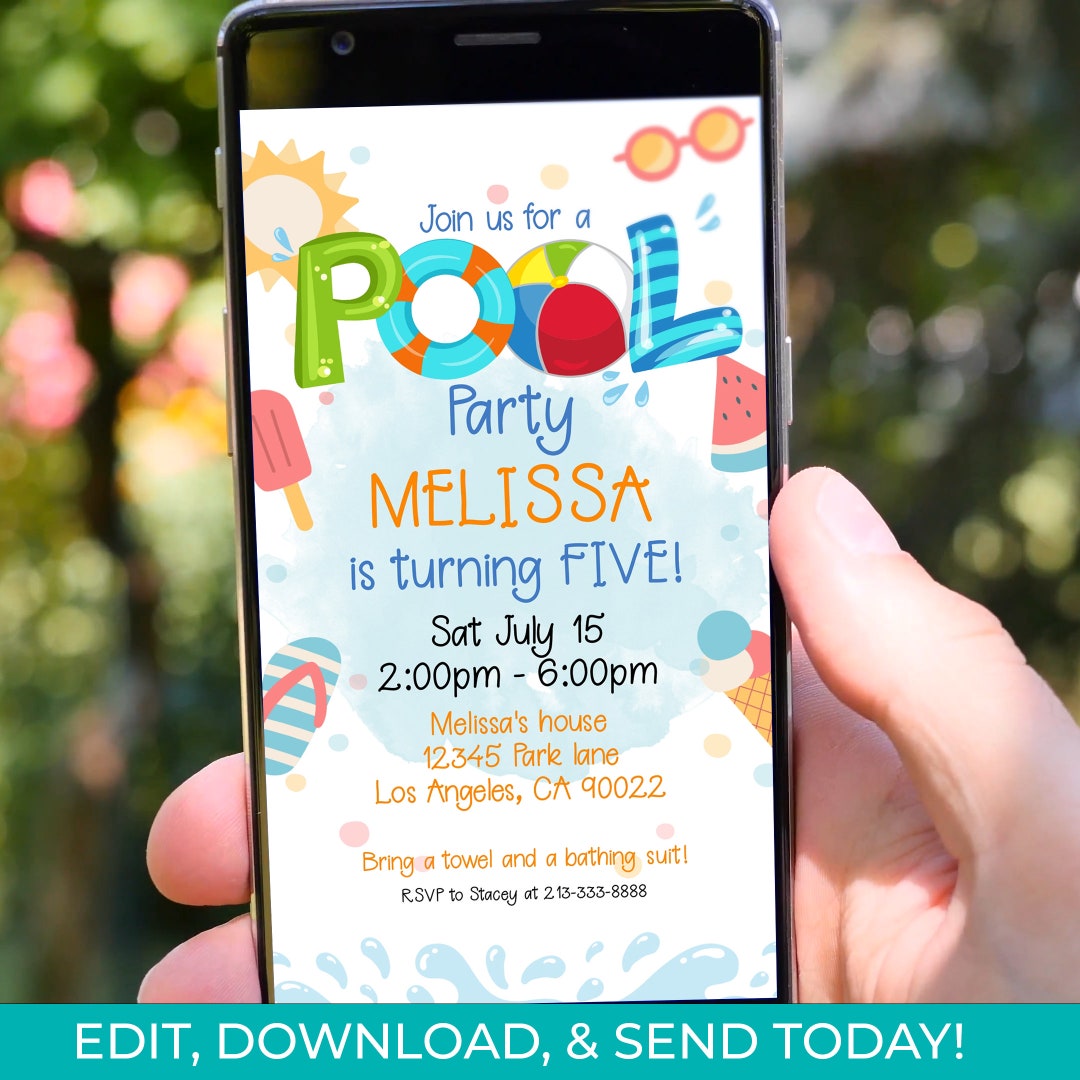 Editable Pool Party Birthday Digital Invitation Template, Electronic ...