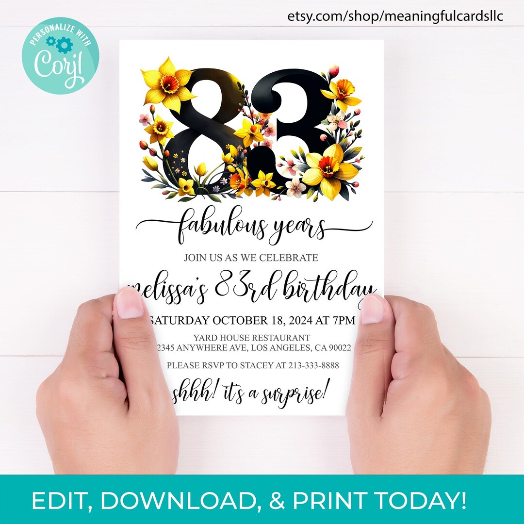 Editable Eighty Third Birthday Invitation Template Print at Home ...