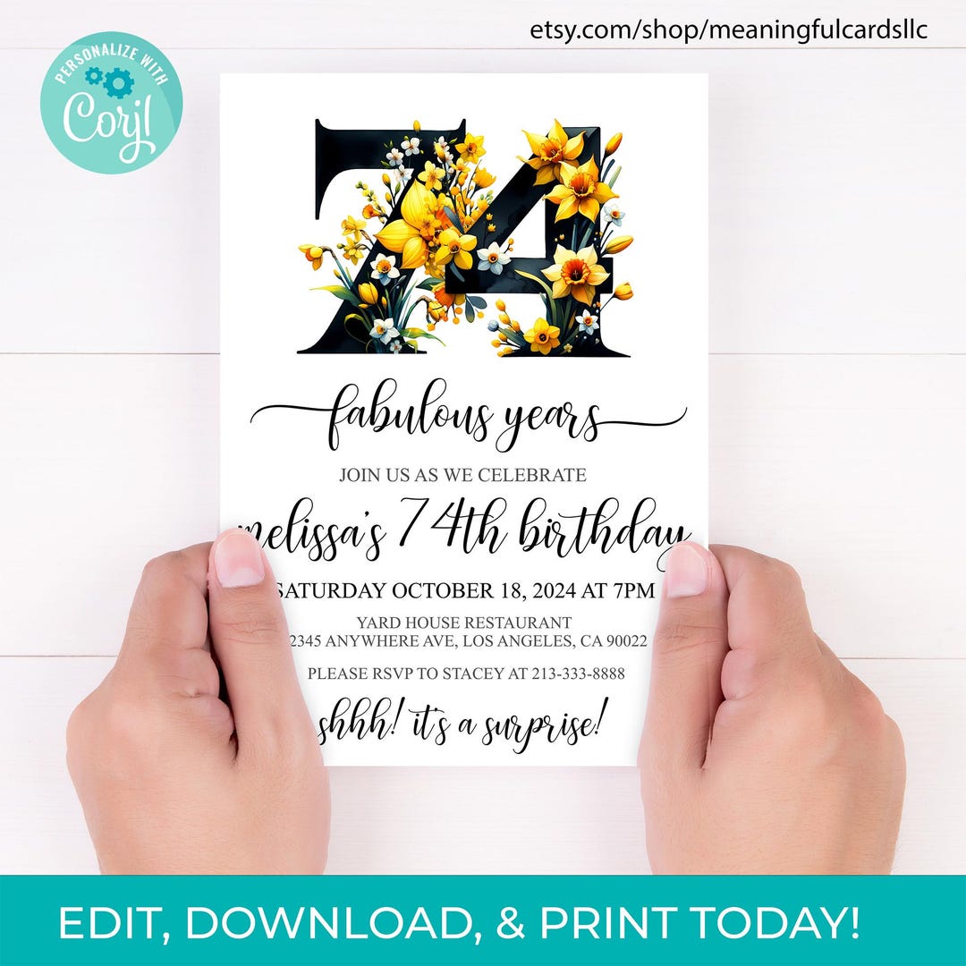 Editable Seventy Fourth Birthday Invitation Template Print at Home ...