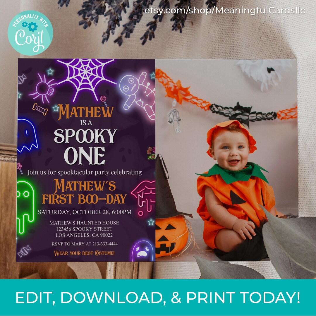 Editable Halloween 1st Birthday Photo Digital Invitation Costume Party ...