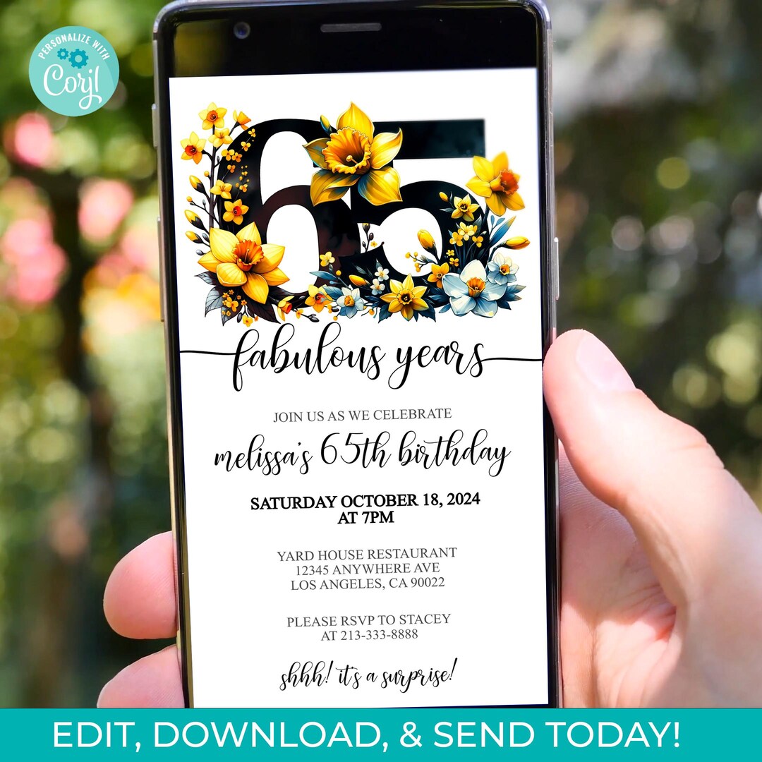 Editable Floral 65th Birthday Invitation: Digital Party Invite (instant ...