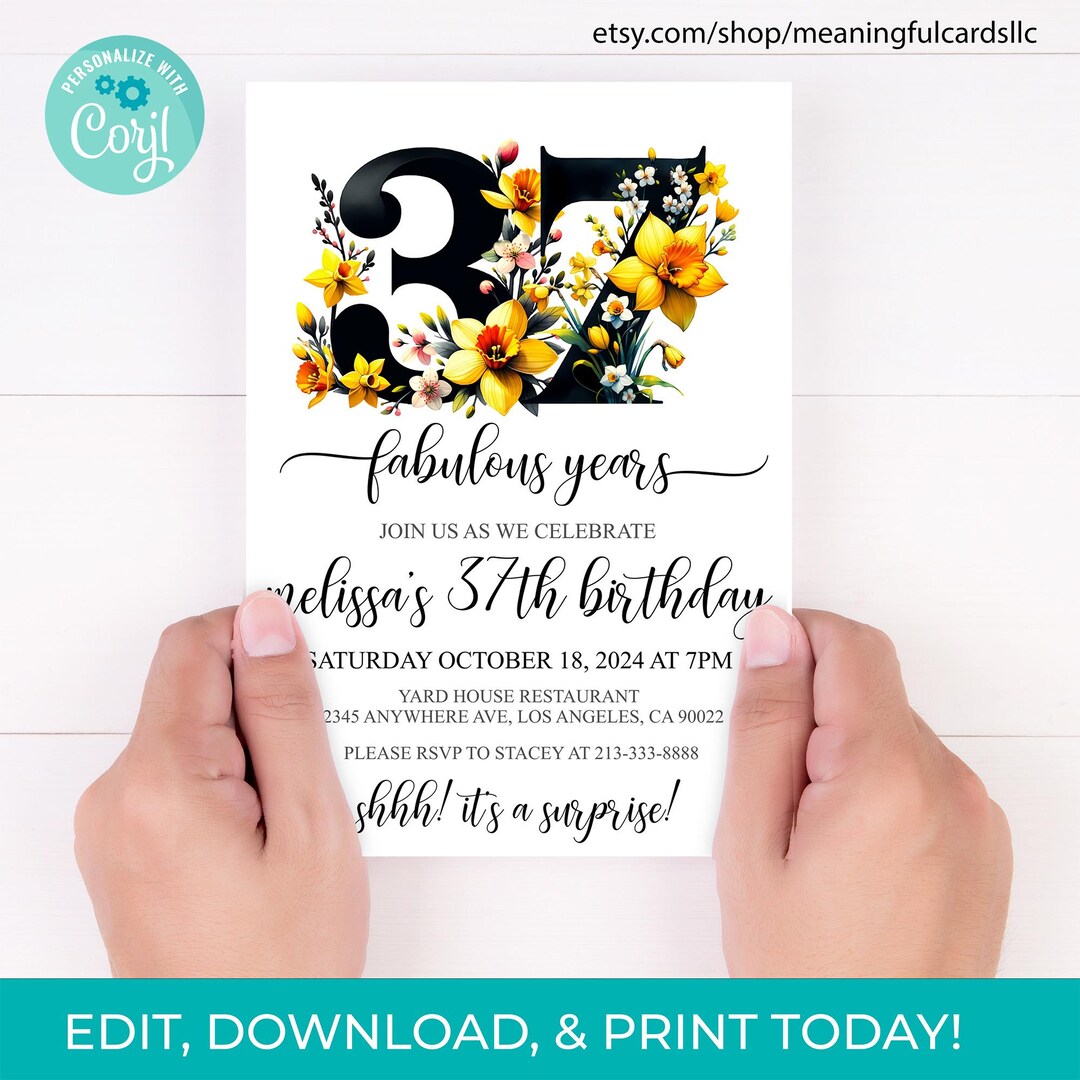 Floral 37th Birthday Invitation Template: Elegant Printable (digital ...