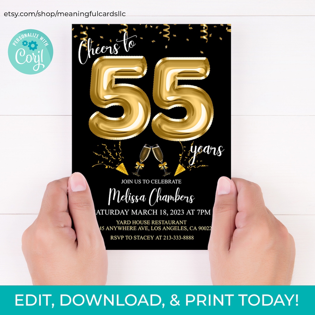 55th Birthday Editable Invitation 55th Invite Gold Invitation, Balloons ...