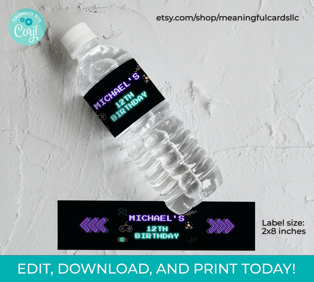 Editable Video Game Water Bottle Labels Arcade Birthday Party Cactus ...