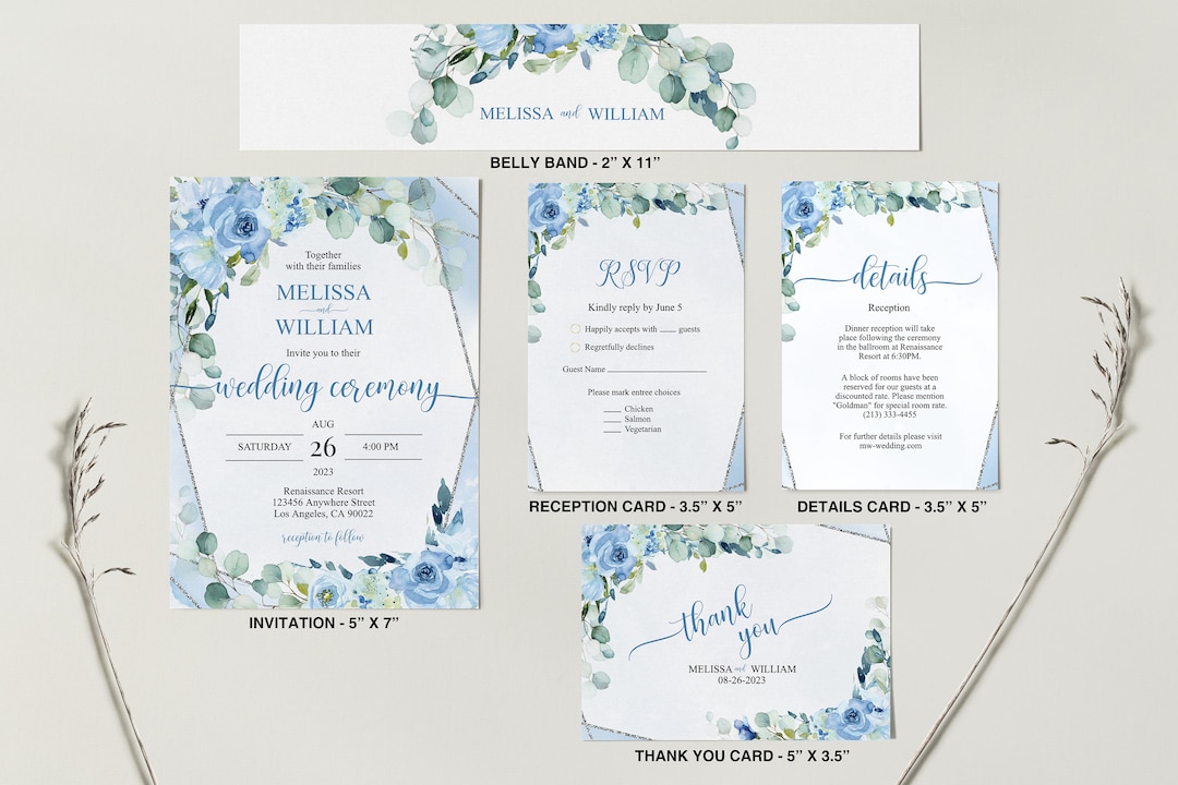 Editable Dusty Blue Wedding Invitation Template Set, Blue Wedding ...