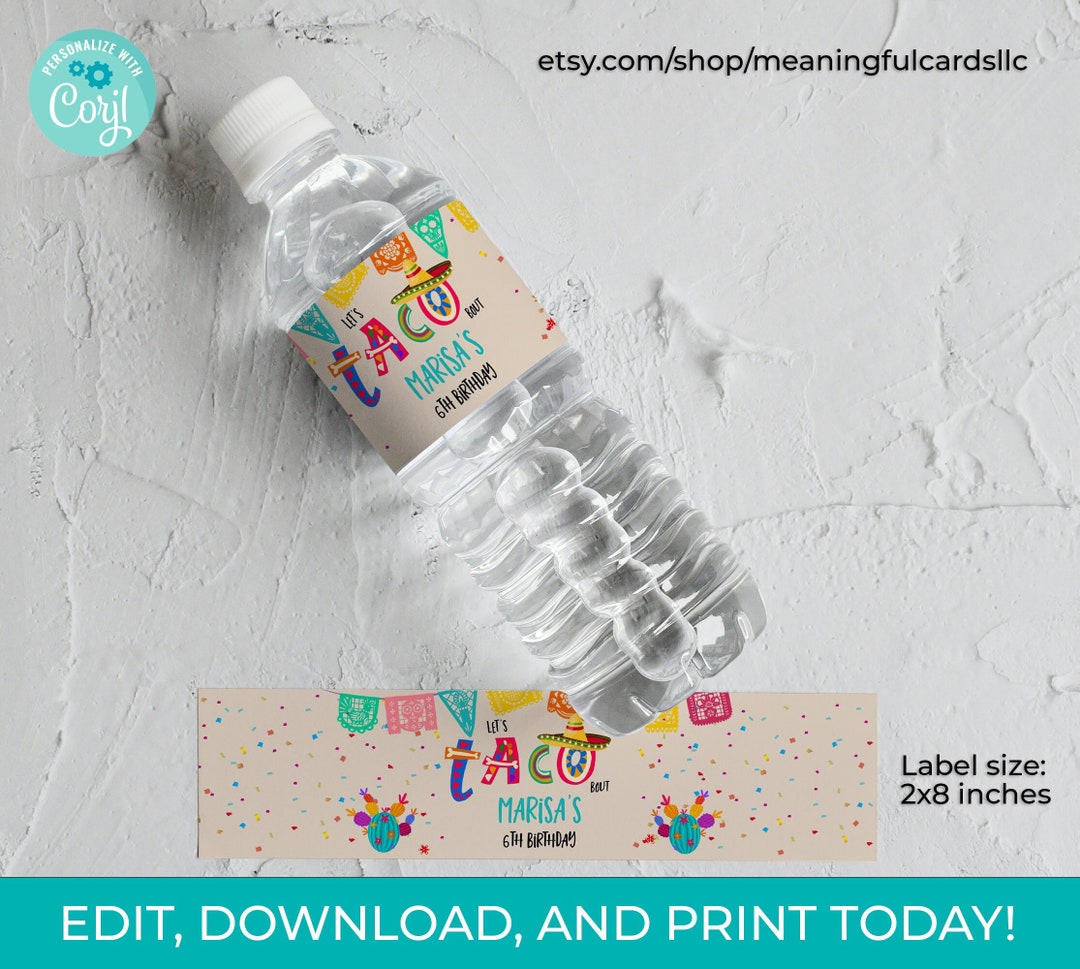 Editable Fiesta Taco Bout Water Bottle Labels Mexican Birthday Party ...