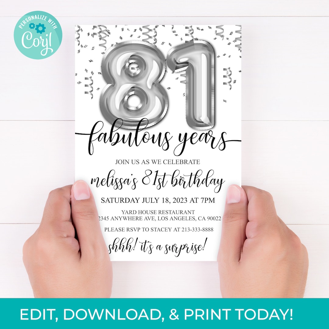 81st Birthday Invitation, Silver Balloons, Editable Party Invite ...