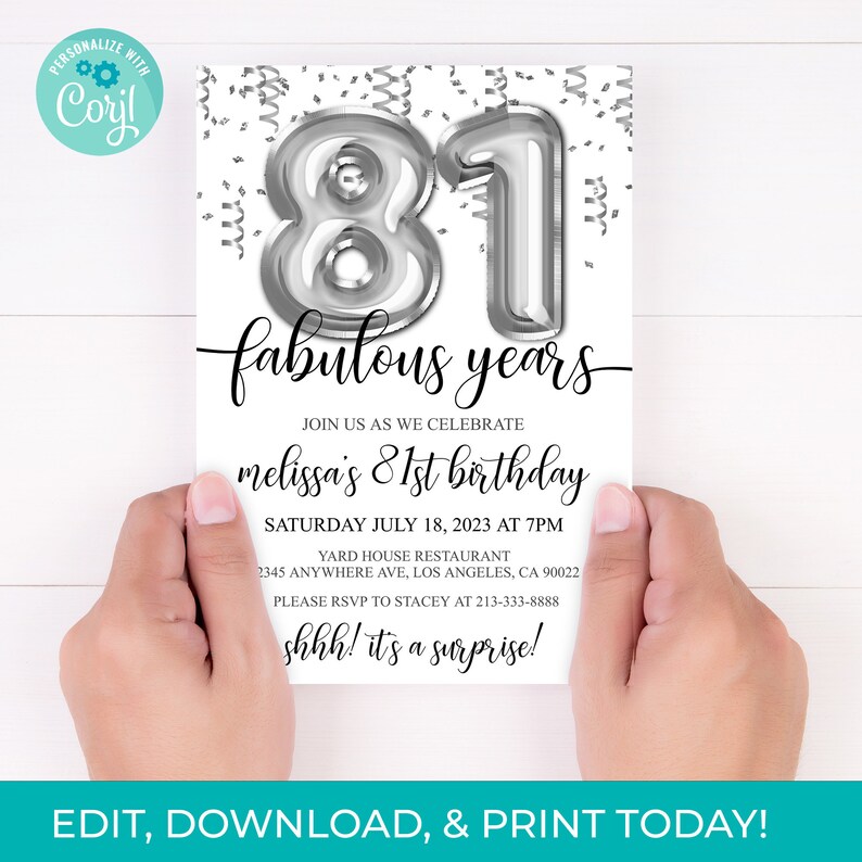 81st Birthday Invitation, Silver Balloons, Editable Party Invite ...
