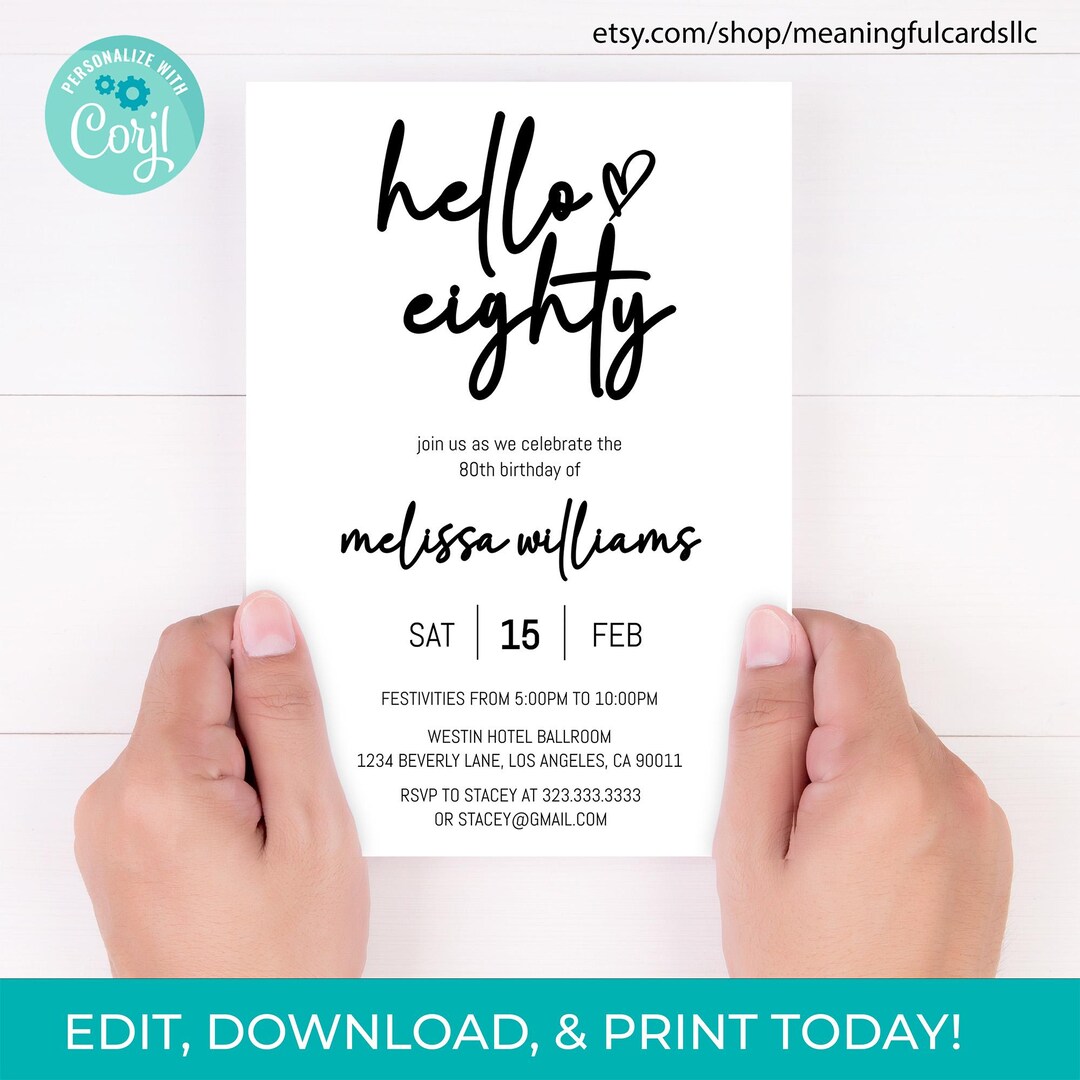 80th Birthday Invitation: Minimalist Hello Eighty Design (digital ...