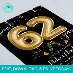 62nd Birthday Invitation 62nd Invite Black Gold Balloons Invitation ...