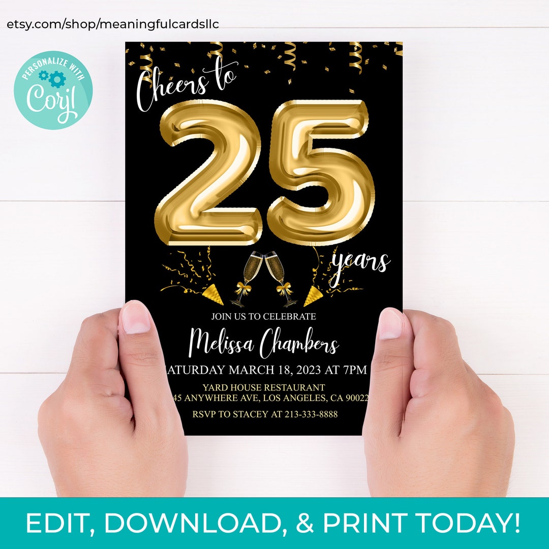 25th Birthday Editable Invitation 25th Invite Gold Invitation, Balloons ...
