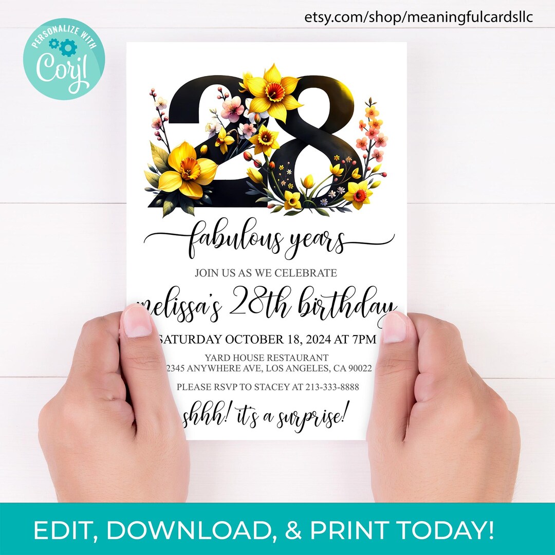 Floral 28th Birthday Invitation Template: Elegant Printable (digital ...