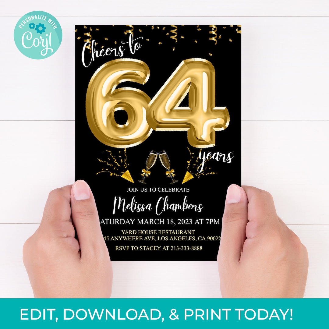 64th Birthday Invitation 64th Invite Black Gold Balloons Invitation ...