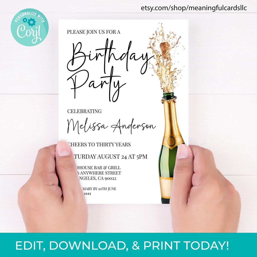 Champagne Birthday Party Invitation Minimalist Editable Any Age ...