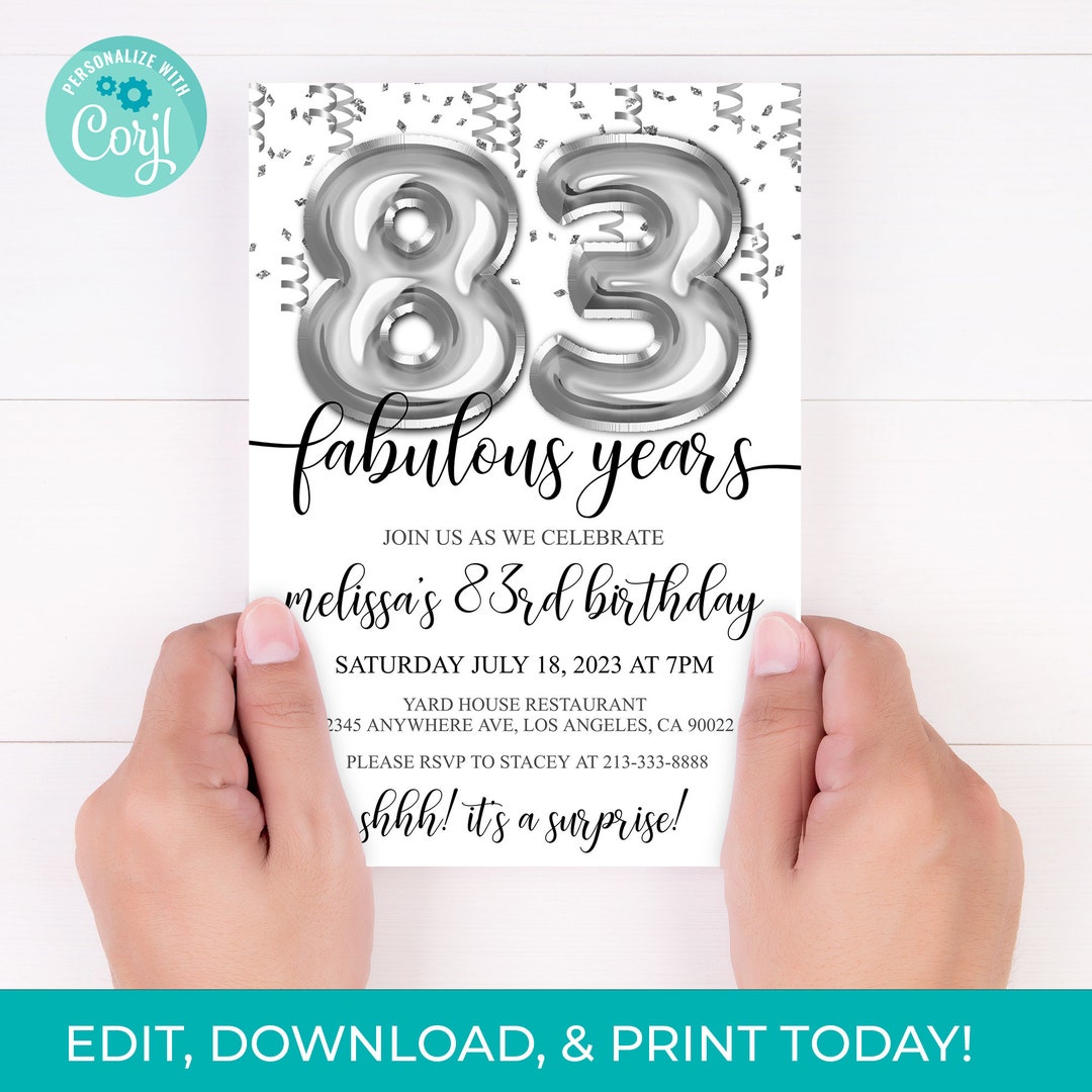 83rd Birthday Editable Invitation 83rd Invite Silver Balloons Party ...