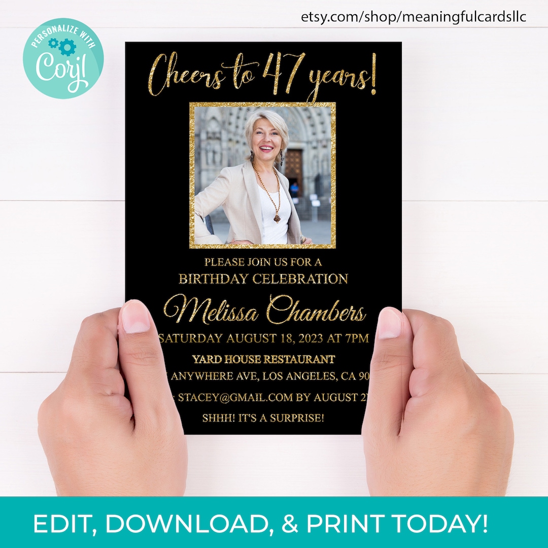 47th Birthday Invitation With Photo 47th Invite Black Gold Digital ...