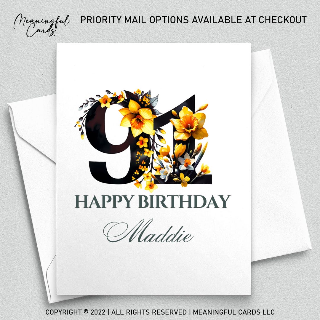 Personalized 91st Birthday Card Floral Design, Customized Ninety First ...
