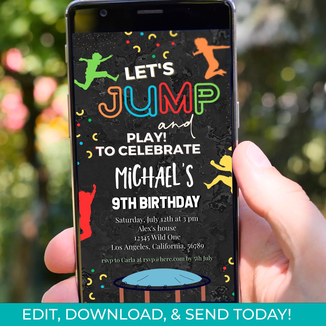 Editable Jump Party Birthday Invitation Template, Electronic Invite ...