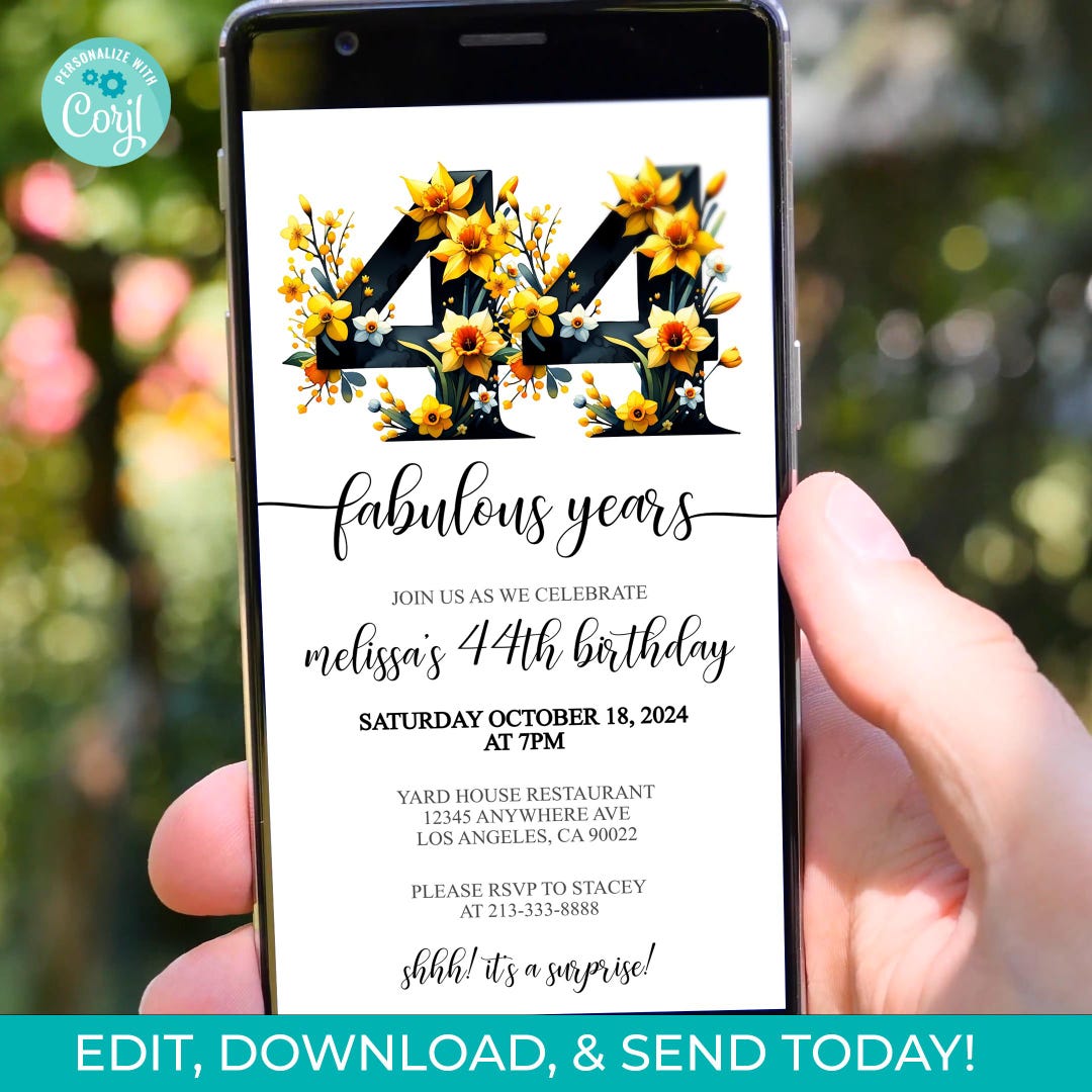 Editable 44th Birthday Invitation Template, DIY 44th Birthday Party ...