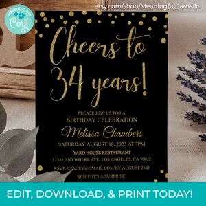 34th Birthday Invitation 34th Invite Black Gold Glitter Invitation ...